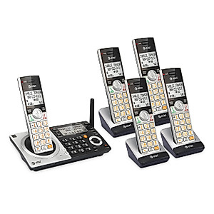 AT&T CL83507 DECT 6.0 5-Handset Cordless Phone for Home with Dual Keypad Base, Answering Machine, Call Blocking, Caller ID Announcer, Intercom and Long Range, Silver/Black