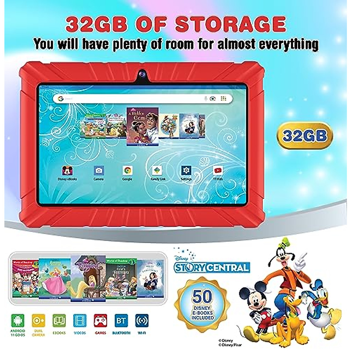 Contixo Kids Tablet V8, 7-inch HD, Ages 3-7, Toddler Tablet with Camera, Includes 50+ Disney Storybooks & Stickers (Value $200) - Android 11, 32GB, (2023 Model), Red