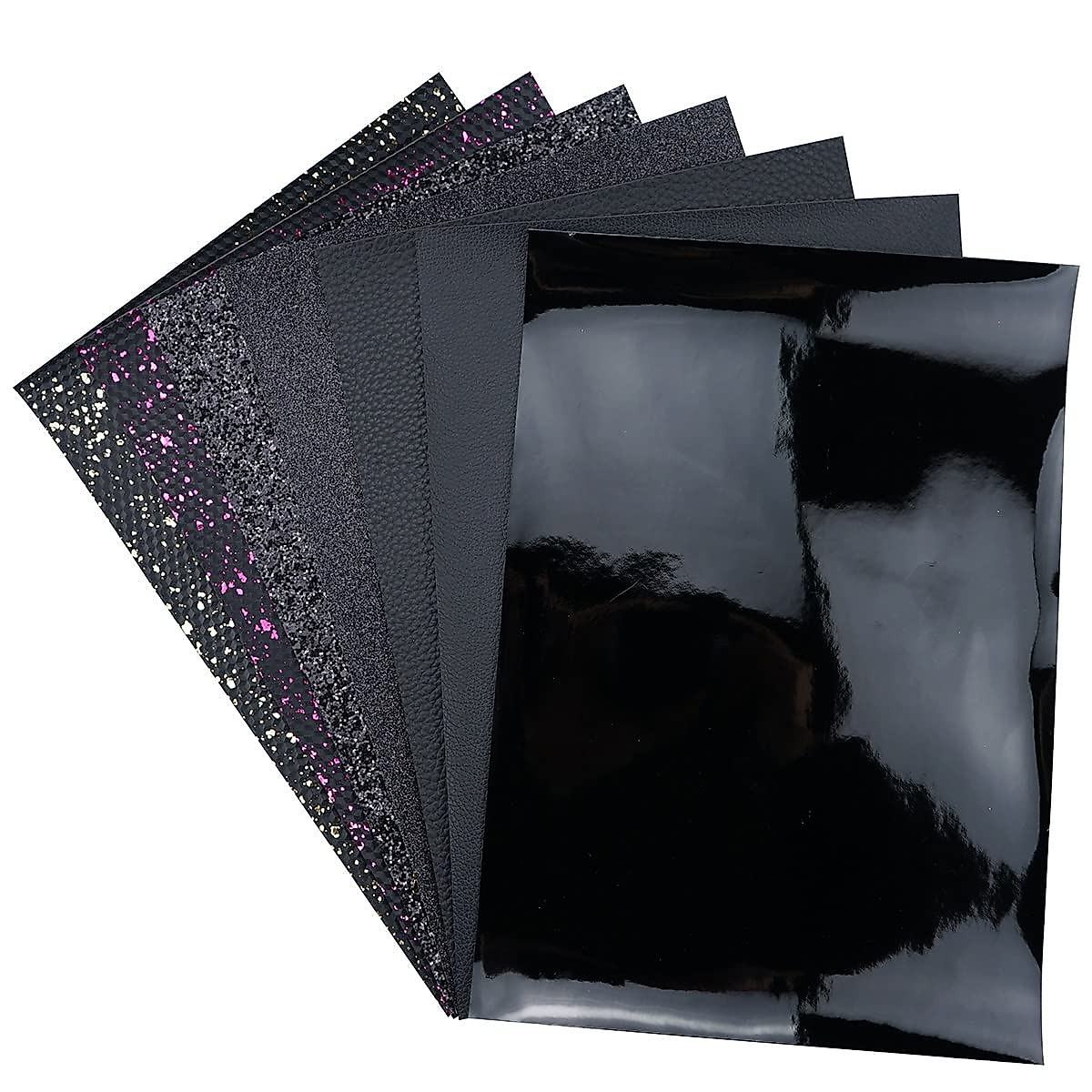 7 Pieces/Set 8x12 Inch (21cm x 30cm) A4 Bundle Leather Sheets Mixed Black Series Fine Chunky Glitter Litchi Patent Embossing Faux Leather Fabric for Bow Earring Making DIY Craft