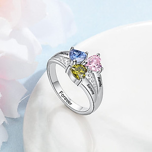 Personalized Mothers Rings with 3 Simulated Birthstones Custom Name Rings for Women 925 Sterling Silver Engraved Promise Rings for Her Grandma Mothers Day Birthday Gifts (#8)