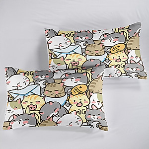 QOOMO Kawaii Cat Sheet Set,Cats Kids Bed Sheets,Cartoon Animals Printed 16" Deep Pocket Bed Sheet Set for Girls/Kids/Teens，4 Piece Sheet Set, 1 Fitted Sheet,1 Flat Sheet and 2 Pillowcases，Twin Size