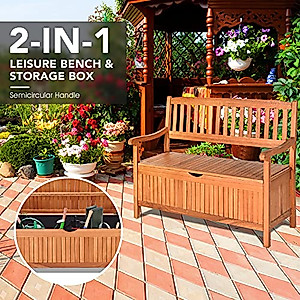 HAPPYGRILL Outdoor Storage Bench Wooden Deck Box with Removable Dustproof Liner, 33 Gal Wood Storage Loveseat Seating Furniture for Courtyard Garden Poolside