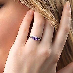 Gem Stone King 10K White Gold Purple Amethyst and White Lab Grown Diamond Engagement Ring | 3-Stone Bridal Wedding Ring Set For Women | 0.72 Cttw | Available in Size 5,6,7,8,9