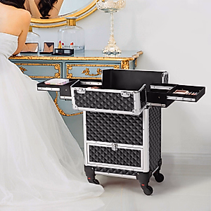 Topeakmart Professional Large Makeup Case, Professional Rolling Cosmetic Organizer Trolley, Portable Travel Makeup Train Case, With Drawer, Locks and Wheels - Black