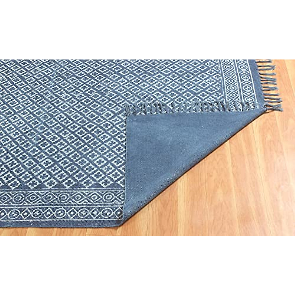 Indigo Blue Rug for Bathroom Handmade Cotton Durries Boho Kilim Rug Flat Weave Indoor Floor Decorative Rugs for Balcony Lounge Floor Bedroom Balcony