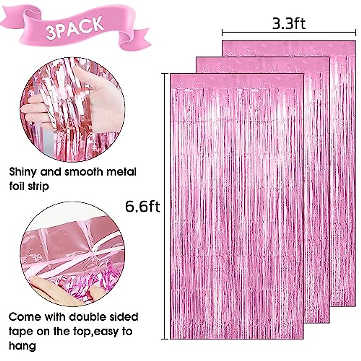 Fringe Backdrop, Pink Backdrop, Foil Fringe Curtains, 3 PCS 3.3x6.6ft Tinsel Curtain Backdrop Streamers for Valentine's Day Birthday Wedding Bachelorette Party Supplies Graduation Decorations