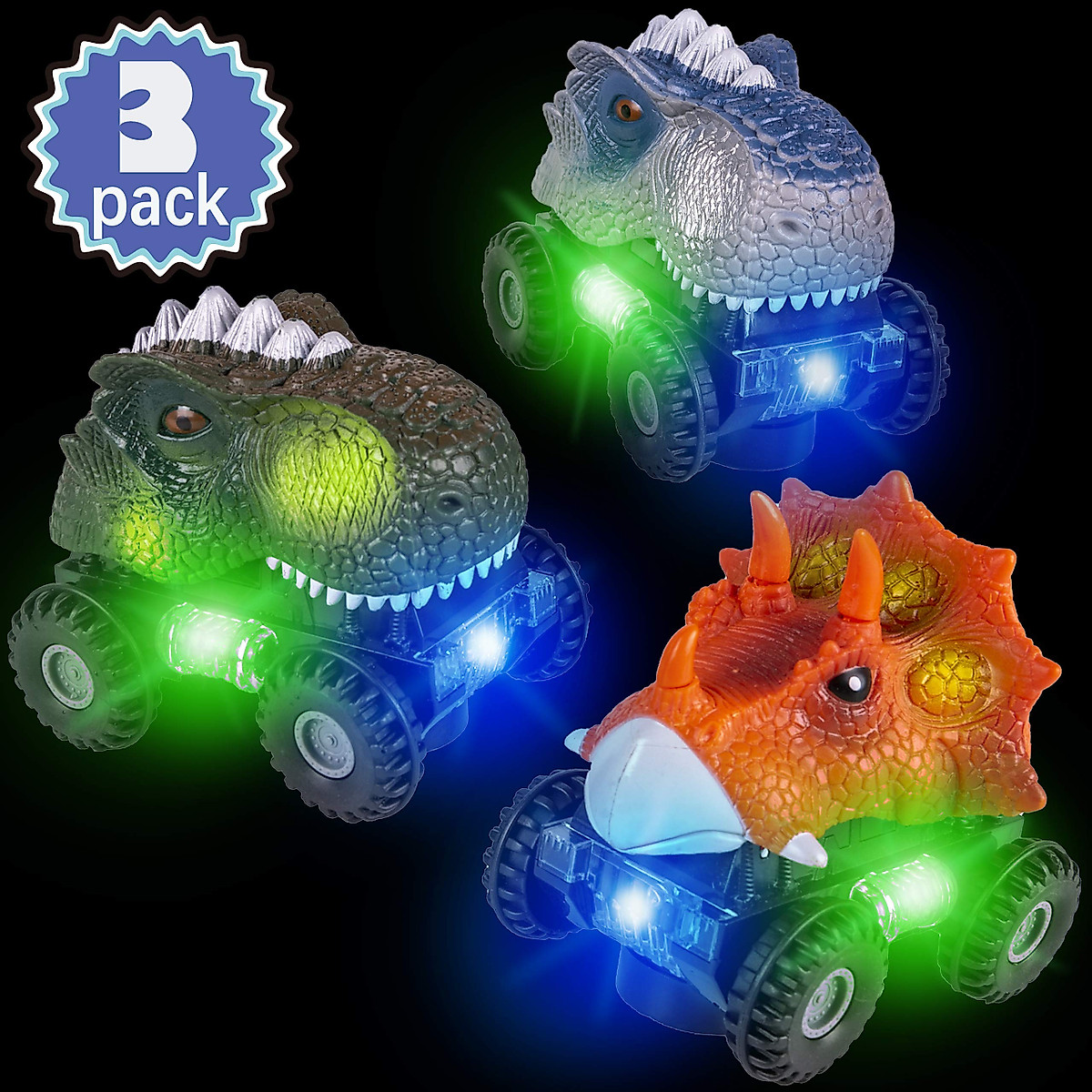 Dinosaur Cars with LED Light & Sound Dino Car Toys Car Gifts Animal Vehicles Monster Truck Playset for Boys Girls Toddles Kids Birthday Gifts Classroom Prize (3 Pack)