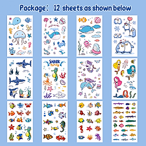 200 PCS Ocean Theme Temporary Tattoos for Kids, Beach Pool Under Sea Decorations Birthday Party Supplies Favors, Fake Tattoos Stickers With Mermaid Shark Tropical Fish Whale for Boys and Girls