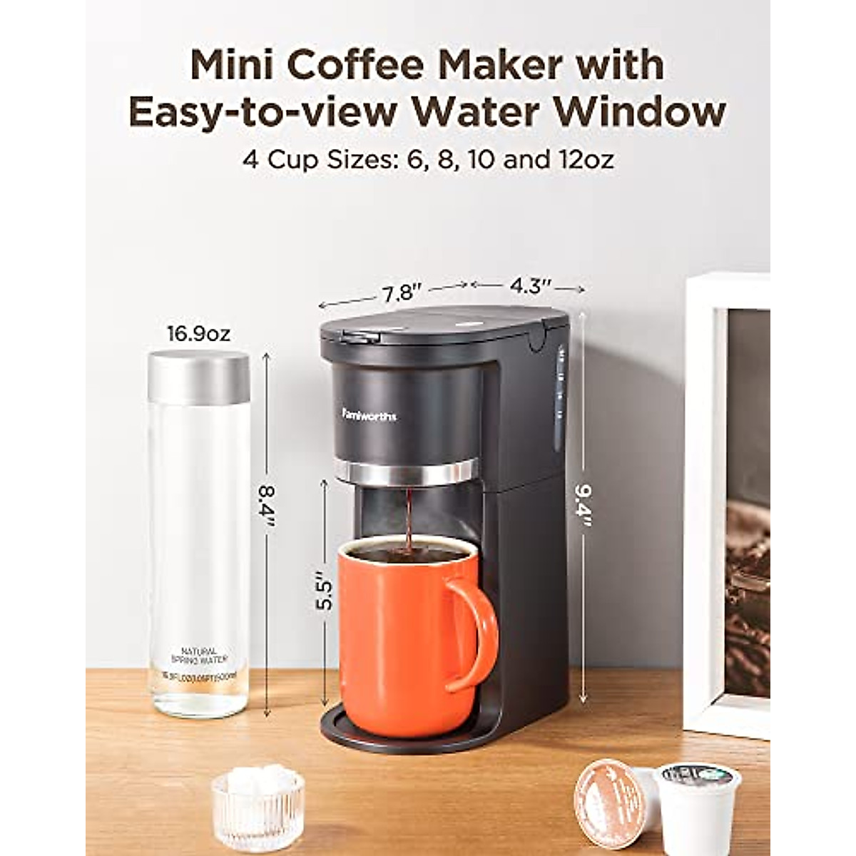 Famiworths Mini Coffee Maker Single Serve, Instant Coffee Maker One Cup for K Cup & Ground Coffee, 6 to 12 Oz Brew Sizes, Capsule Coffee Machine with Water Window and Descaling Reminder, Black