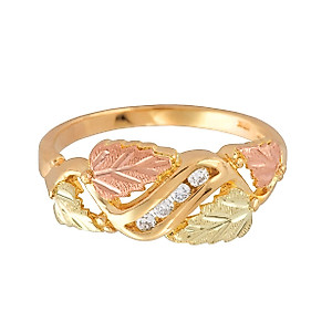 4-Stone Diamond and Grape Leaf Ring, 10k Yellow Gold, 12k Pink and Green Black Hills Gold Size 7