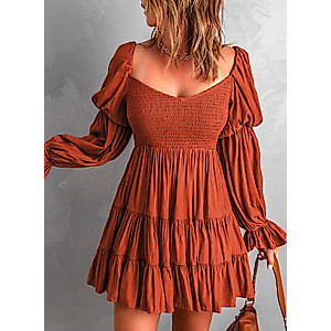 Dokotoo Women's Ladies Spring Casual Summer Dresses Casual Sexy Off The Shoulder Square V Neck Flared Long Sleeve Cute Ruffle Smocked Elegant Mini Short Birthday Dresses for Women Brown Small