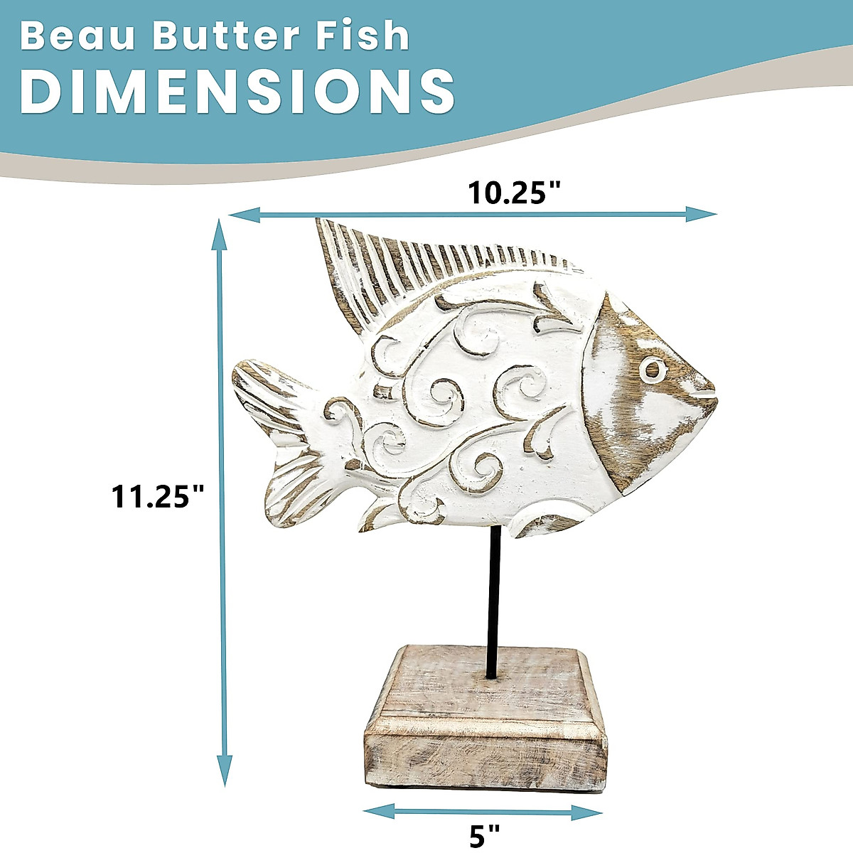 Wooden Fish Sculpture Home Decor | Handmade Beau Butter Fish Statue on Base Stand | Nautical Beach House Decor Rustic Centerpiece Table Decor for Office, Living Room (Beau Butter Fish)