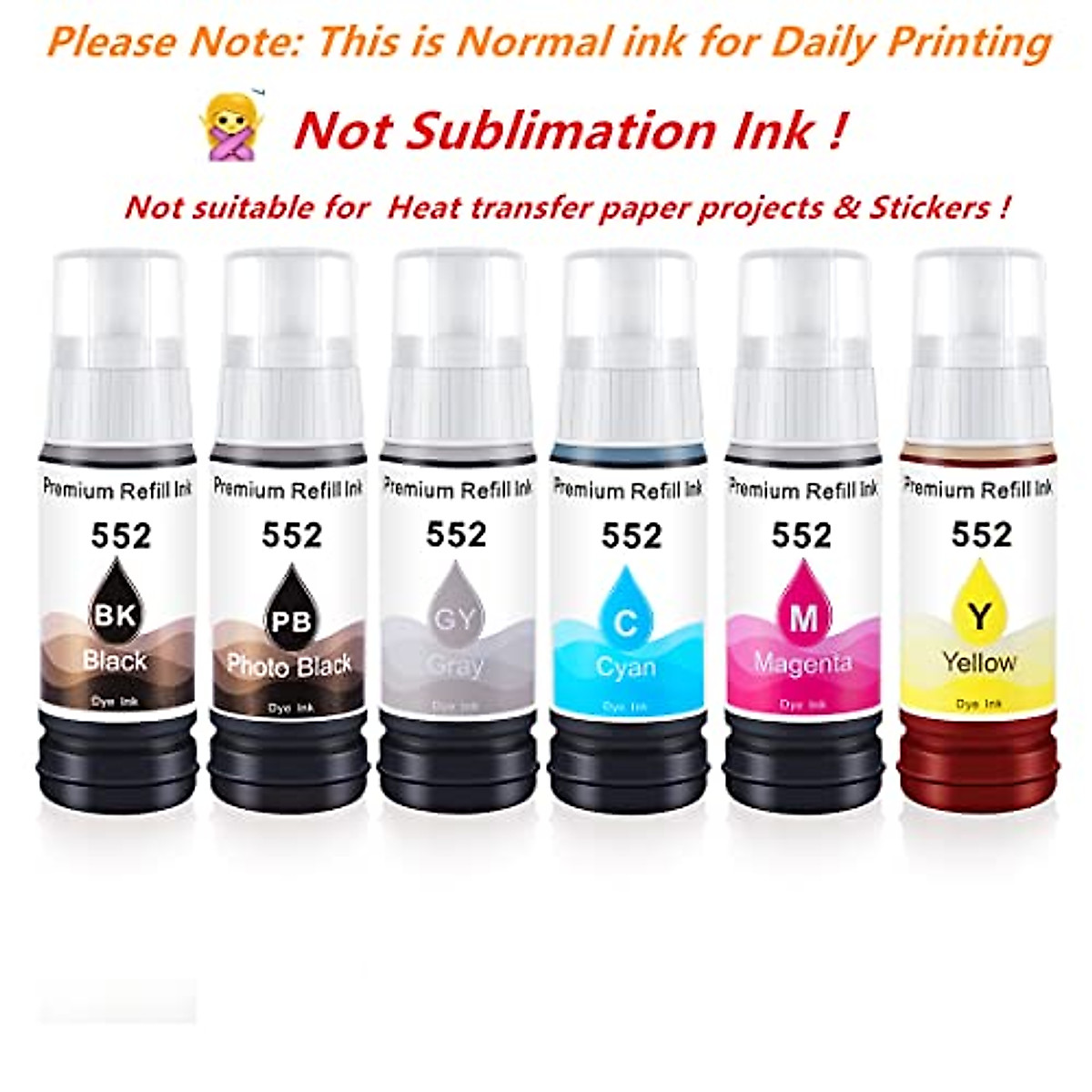 Omera Compatible Refill Bottle Ink Replacement for 552 T552 Work for EcoTank Photo ET-8550 ET-8500 All-in-One Wide-Format Supertank Printer (BK/PBK/ C/M/Y/GR 70ml, 6-Pack, for Daily Printing)