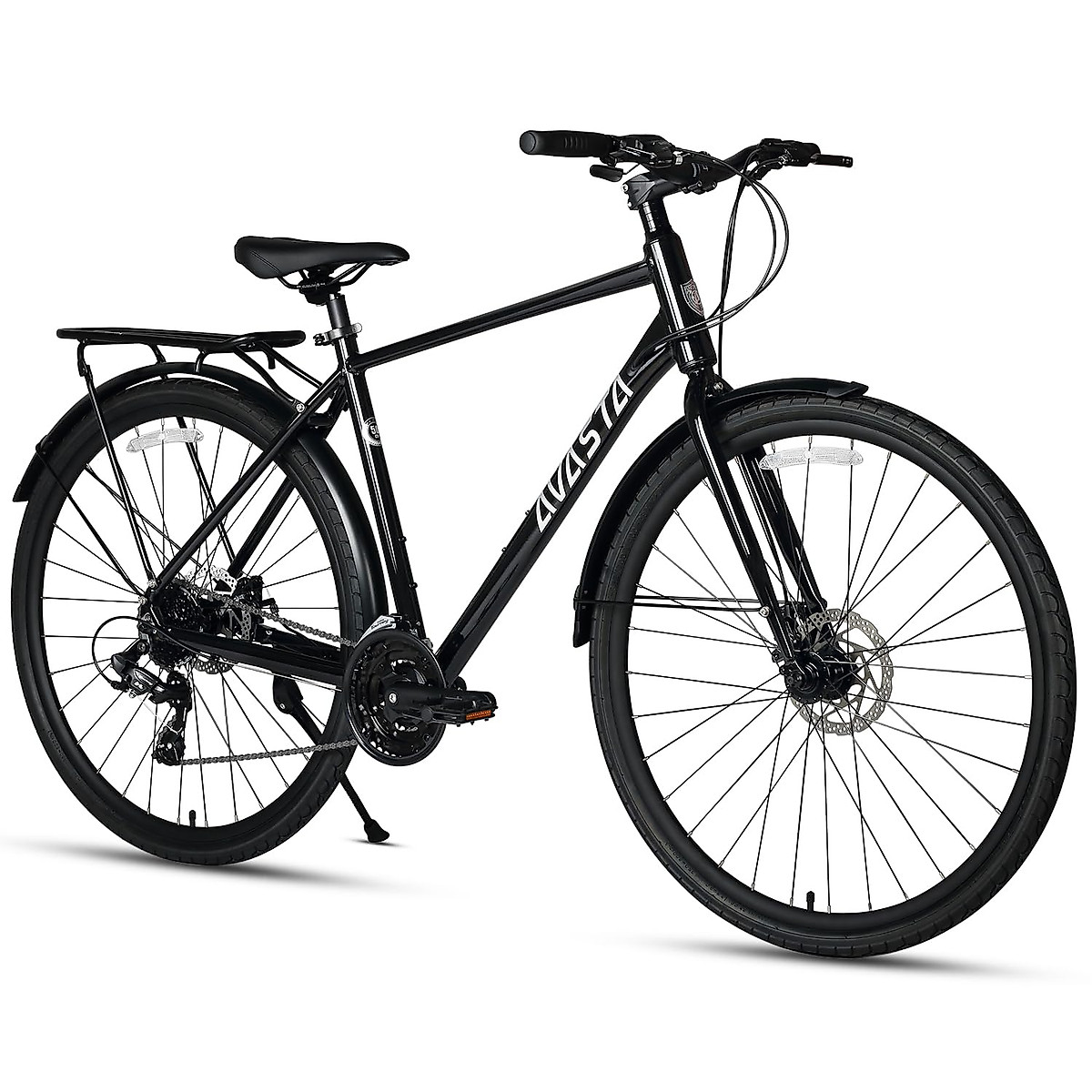 AVASTA Uranus 700C Road Hybrid Bike - Lightweight Aluminum Alloy Frame with 24-Speed Gearing for City Commuting - Rear Cargo Rack, Dual Disc Brakes, and 17 inch Frame - Black Design for Men Woman