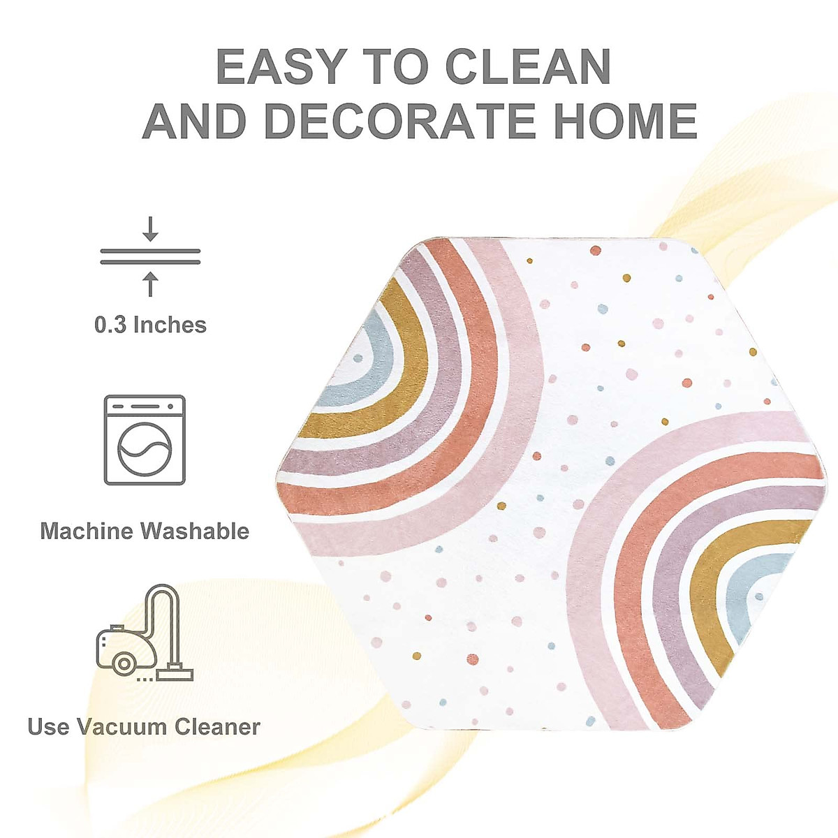 STARUIA Rainbow Kids Rug Play Carpet 55"x47" for Bedroom, Hexagon Washable Rug for Playroom Tent Castle, Non-Slip Nursery Rug Soft Play Mat for Children Playpen Classroom Dorm