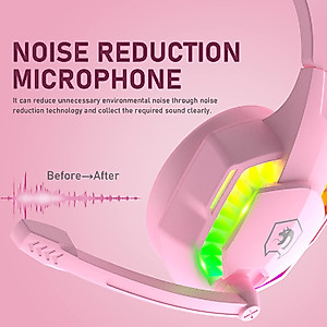 Gaming Headset with Microphone for PS4 PC Xbox One PS5 Controller,Noise Cancelling Over Ear Headphones with Adjustable Mic,Breathing RGB Light,Bass Surround,Soft Memory Earmuffs for Laptop Mac(Pink)