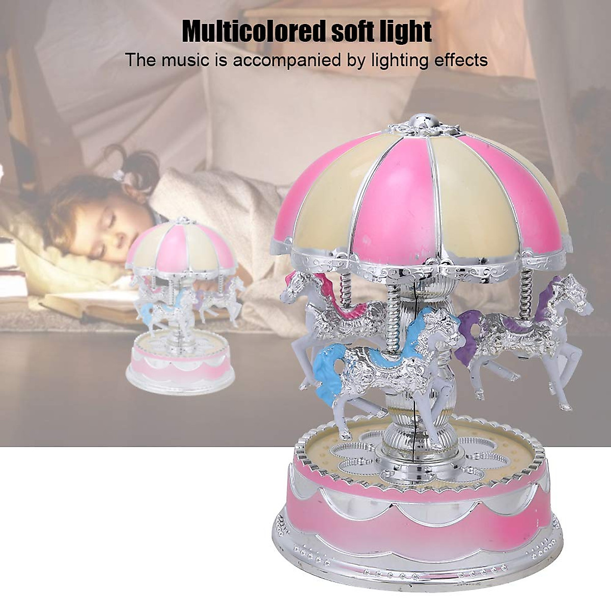Luminous Music Box, Exquisite Kids Rotating Carousel Light and Sound Toy Home Decor Best Girls(Pink)