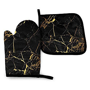 RENGMIAN Black Gold Marble Oven Mitts and Pot Holders Heat Resistant Oven Gloves Safe Cooking Baking Grilling