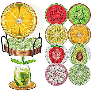 Ninonly Fruit Diamond Painting Coasters 8 Pcs with Holder DIY Diamond Art Coaster for Adults Kids Beginners Diamond Painting Kits Crafts Kit for Drinks