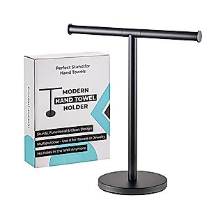 Debodda Modern Hand Towel Stand for Bathroom, Kitchen or Vanity, Height 13.78”, Free Standing Matte Black Countertop Rack with Balanced Base, Perfect Hand Towel Holder, Dual Washcloth Display