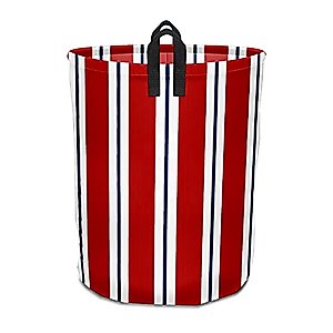 Waterproof Foldable Laundry Hamper with Handles Nautical Blue Red White Striped Round Dirty Clothes Laundry Basket Storage Bin Organizer for Toy Collection