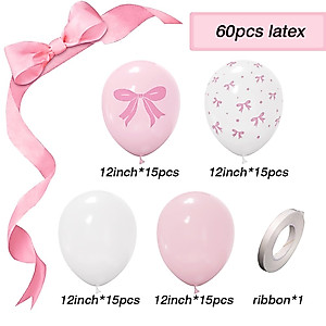 60Pcs Pink Latex Bow Balloons Set, 12" Pastel Pink White Bow Latex Balloon for Birthday Party Bachelorette Decorations Bridal Engagement Wedding Bow Theme Coquette Supplies (Pink white)