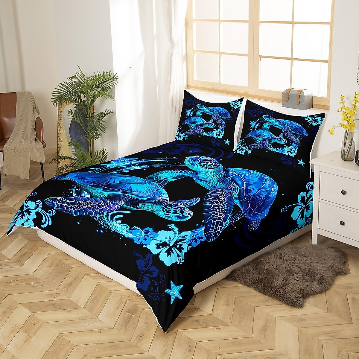 Manfei Sea Turtle Kids Duvet Cover Set Queen Size, Blue Flower Starfish Bedding Set for Boys Girls Adult Bedroom Decor, Marine Animal Theme Comforter Cover, Soft Polyester Quilt Cover, 2 Pillowcases
