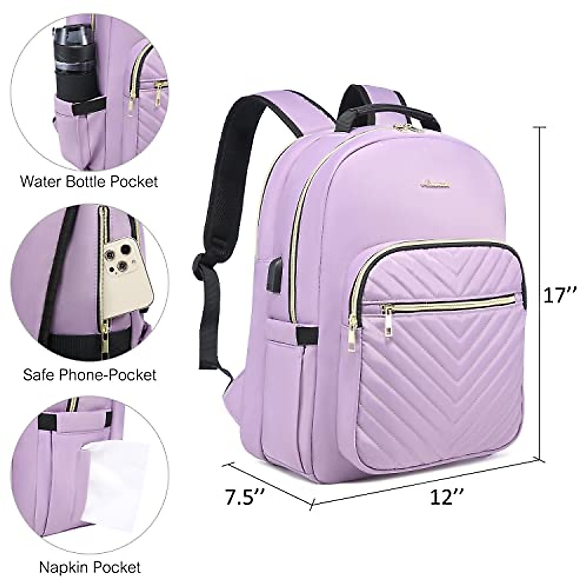 LOVEVOOK Laptop Backpack Purse for Women, Work Business Travel Computer Bags, Nurse Backpack for Womens, Quilted Casual Daypack with USB Port, Fit 15.6 Inch Laptop, Purple