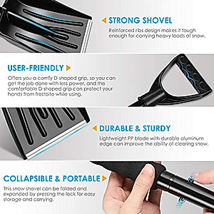 CLISPEED Portable Snow Shovel with D-Grip Handle for Car Truck Camping and Other Outdoor Activities (Black)