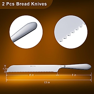 Eisinly Bread Knife, 2 Piece 13 Inches Serrated Bread Knives, Professional Design One-piece Stainless Steel Bread Slicing Knife for Baker, Baking Lover Efficiently Cutting Homemade Bread, Silver