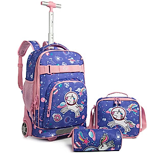Egchescebo Kids Rolling Unicorn School Backpack for Girls Luggage Suitcase With Wheels Trolley Wheeled Backpacks Travel Bags 18' 3PCS Girls Unicorn With Lunch Box Purple