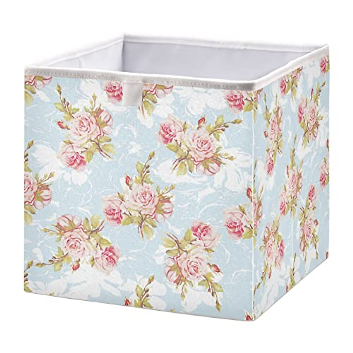Ollabaky Floral Pink Roses Cube Storage Bin Fabric Foldable Storage Cube Basket Cloth Organizer Box with Handle for Closet Shelves, Nursery Storage Toy Bin, S