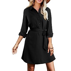 Amoretu Ladies Tunic Dresses with Pockets Long Sleeve Curved Hem Dress, Black M
