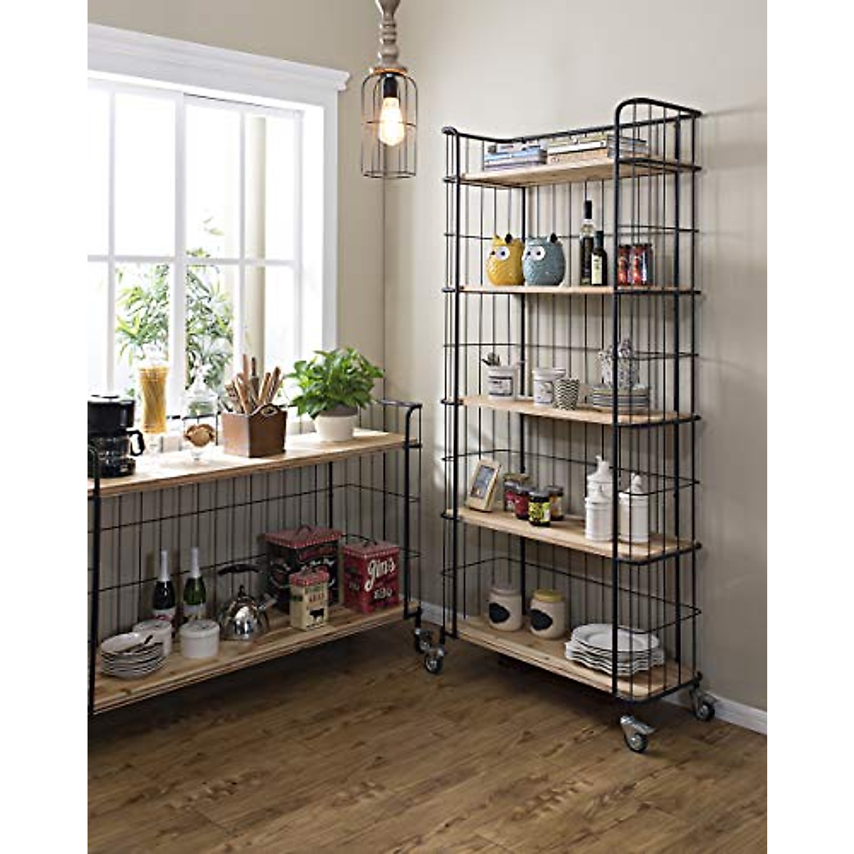 Creative Co-Op 5 Tier Wood Shelves with Metal Frame & Caster Wheels
