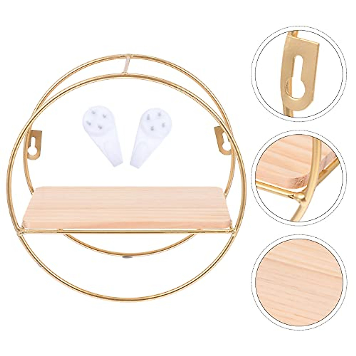 Cabilock 1pc Shelf Book Wood Sculpture Holder Rack Durable Metal Wire Vase Art Golden Wall-Mounted Wrought Room Bathroom Entryway Home Style Round Living Storage Rustic Plant Key Mounted