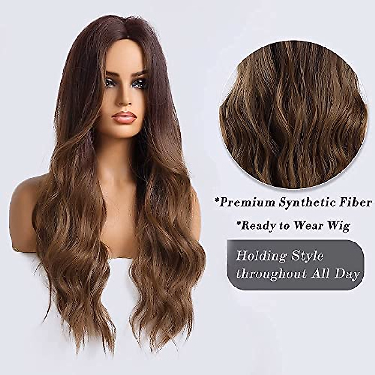HAIRCUBE Long Ombre Brown Wigs for Women Synthetic Curly Wavy Hair Wig for Daily