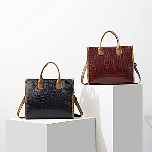 SHESTORY Women Genuine Leather Tote Handbag Shoulder Bag Women Crocodile Pattern Top-handle Purse (Wine)