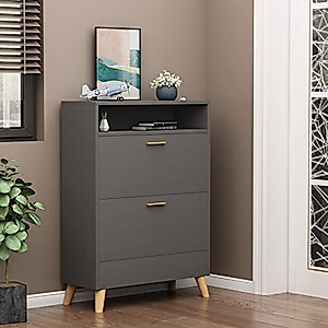 Gyfimoie Shoe Storage Cabinets, Free Standing Shoe Organizer with 2 Flip Drawers for Entryway, Narrow 3 Tier Entryway Hidden Shoe Rack with Doors (Grey)