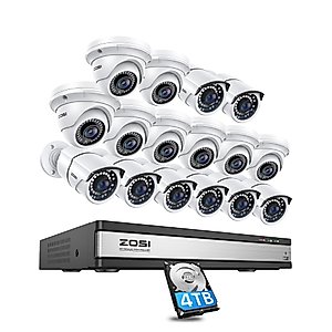 ZOSI 4K 16CH PoE Home Security Cameras System,4K 8MP 16CH H.265 CCTV NVR with 4TB HDD and 16 x 5MP Indoor Outdoor PoE IP Bullet Dome Cameras with Night Vision,Remote Access for 24/7 Recording