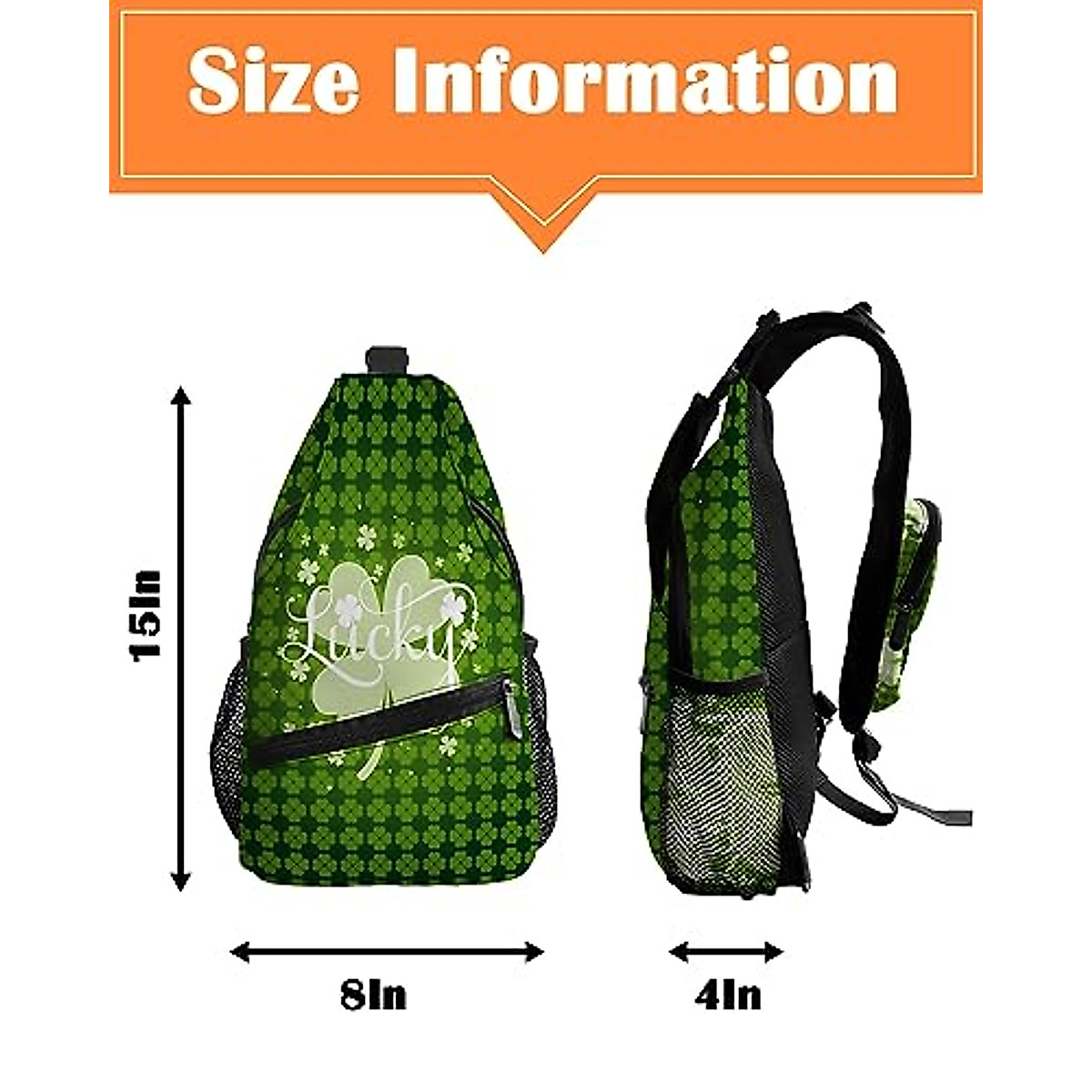 Sling Backpack, St. Patrick's Day Lucky Shamrocks Green Clovers Waterproof Lightweight Small Sling Bag, Travel Chest Bag Crossbody Shoulder Bag Hiking Daypack for Women Men