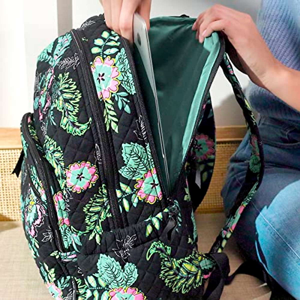 Vera Bradley Women's Cotton Campus Backpack, Island Garden - Recycled Cotton, One Size