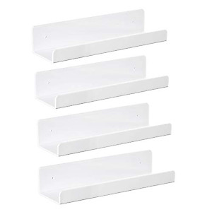 IEEK 15 Inch White Acrylic Floating Wall Ledge Shelf,Wall Mounted Nursery Kids Bookshelf,5MM Thick Home/Office/Bathroom Storage Shelves Display Organizer,Set of 4