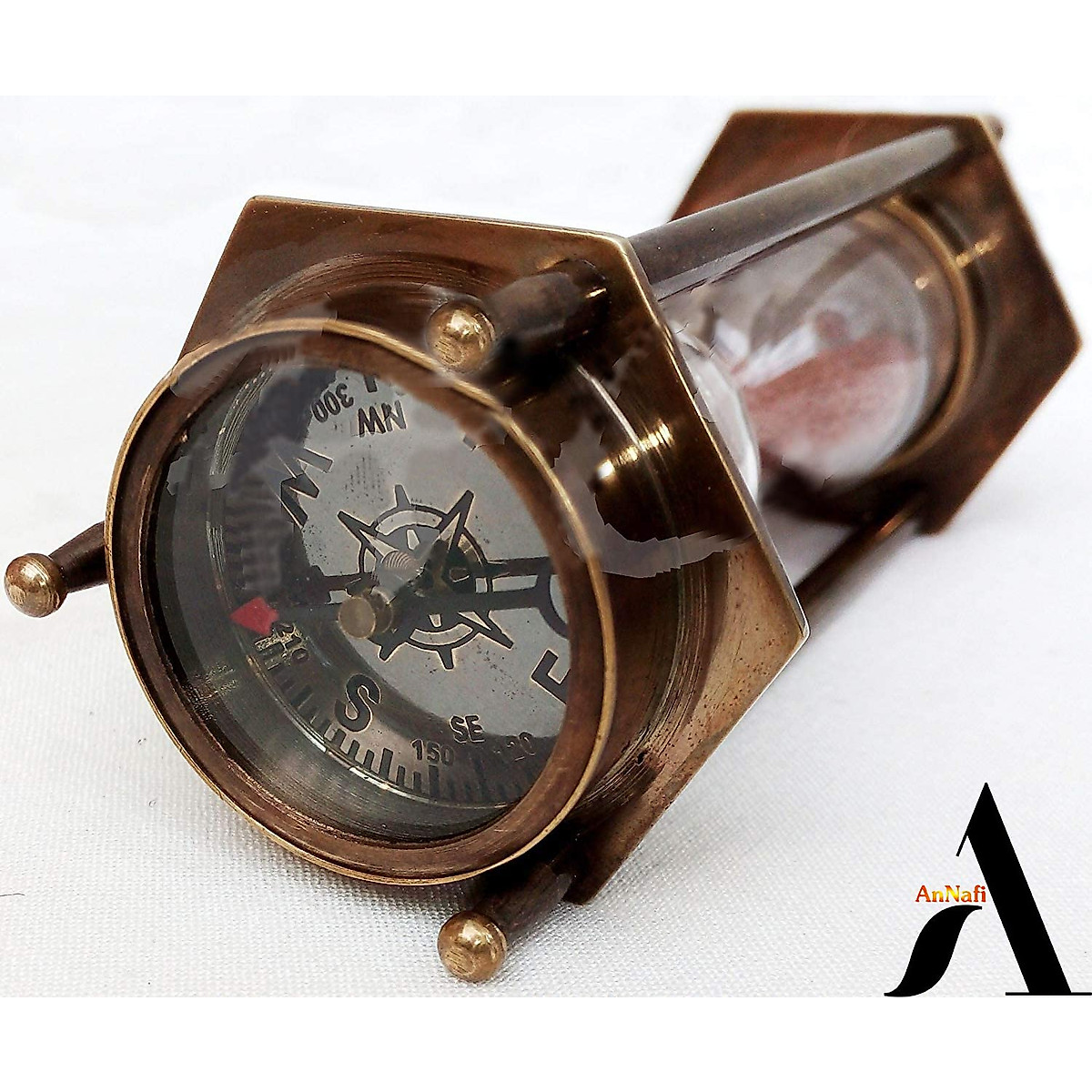 AnNafi® Brass Sand Timer 5" Decorative Hourglass with Antique Maritime Brass Compass
