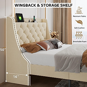 iPormis Full Bed Frame with 16" Comfort Wingback & Charging Station, Upholstered Platform Bed with Button Tufted Storage Headboard, Solid Wood Slats Support, No Box Spring Needed, Beige
