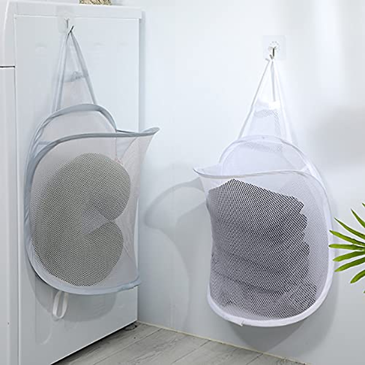 Asonen Hanging Pop Up Laundry Basket, Foldable Mesh Hamper Dirty Clothes Basket with Carry Handle Suitable for Travel, Bedroom, Bathroom, Dorms (1 Pack, White)