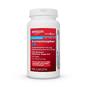 Amazon Basic Care Acetaminophen PM, Pain Reliever Plus Nighttime Sleep Aid, 100 Count