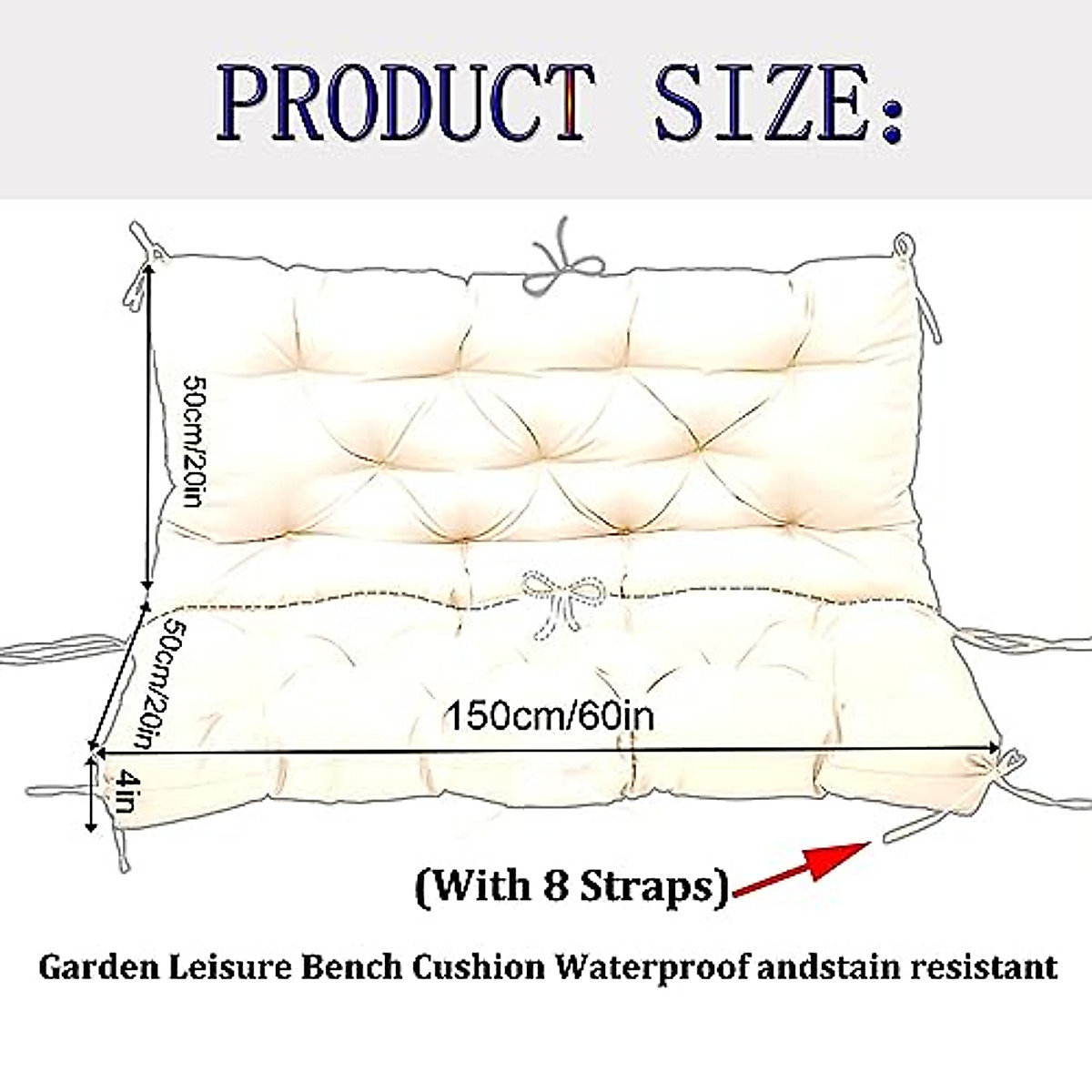 Boaisdus Swing Cushions 3 Seater Replacement Waterproof Porch Swing Cushions with Backrest and 8 Ties Thicken 4" Bench Cushion Replacement Patio Swing Cushion for Outdoor Furniture(60x40in)