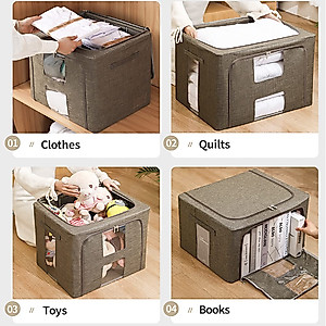 BESTUNIHOM Stackable Oxford Storage Bins with Transparent Windows for Clothing, Quilts, Blankets, Foldable Bedroom Storage Closet Organizers, 2 Pcs Brown 60L SNX-NJB012PBR60