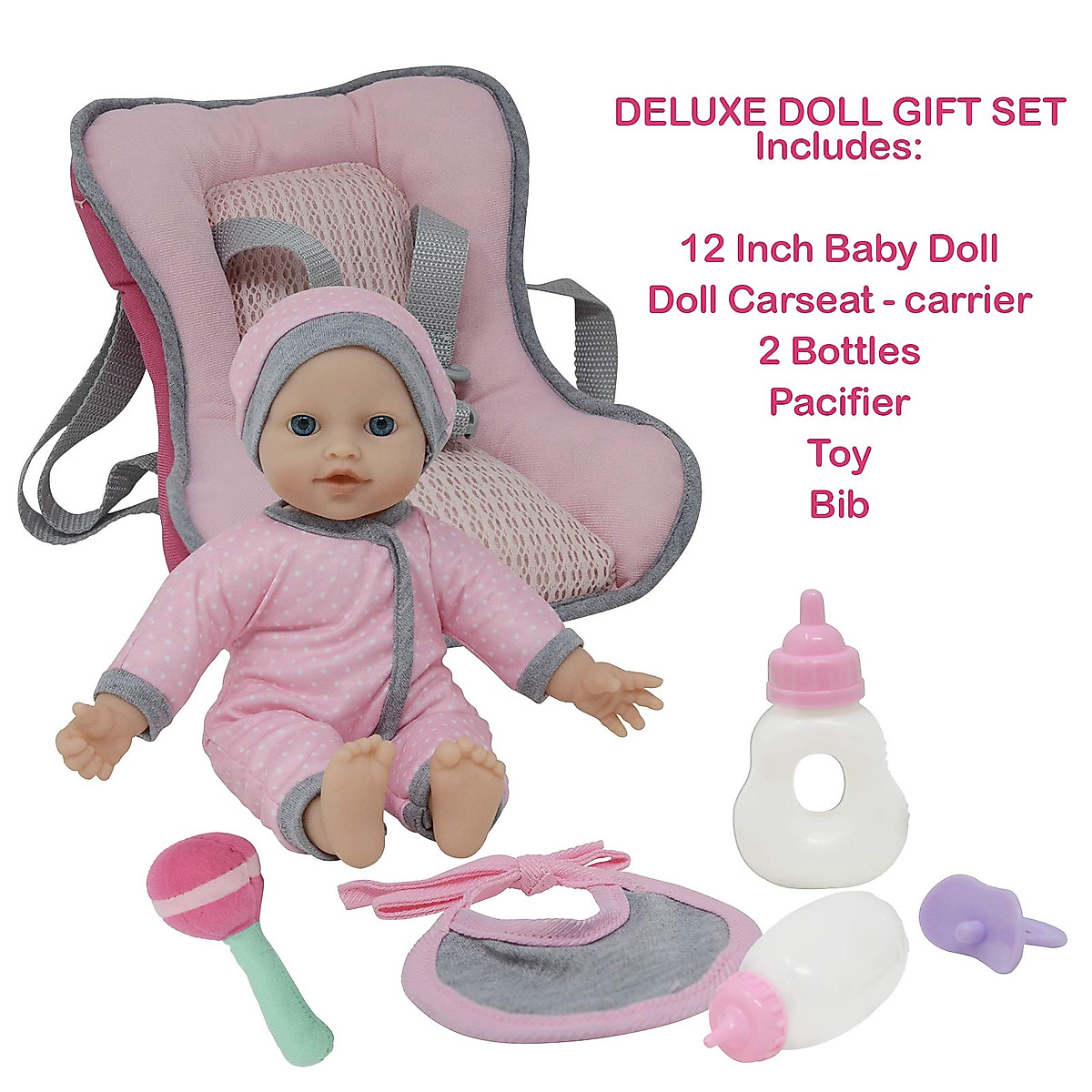 Doll Travel PlaySet - Baby Doll Car Seat Carrier Backpack with 12 Inch Soft Body Doll Includes Doll Bottles and Toy Accessories … (Caucasian)
