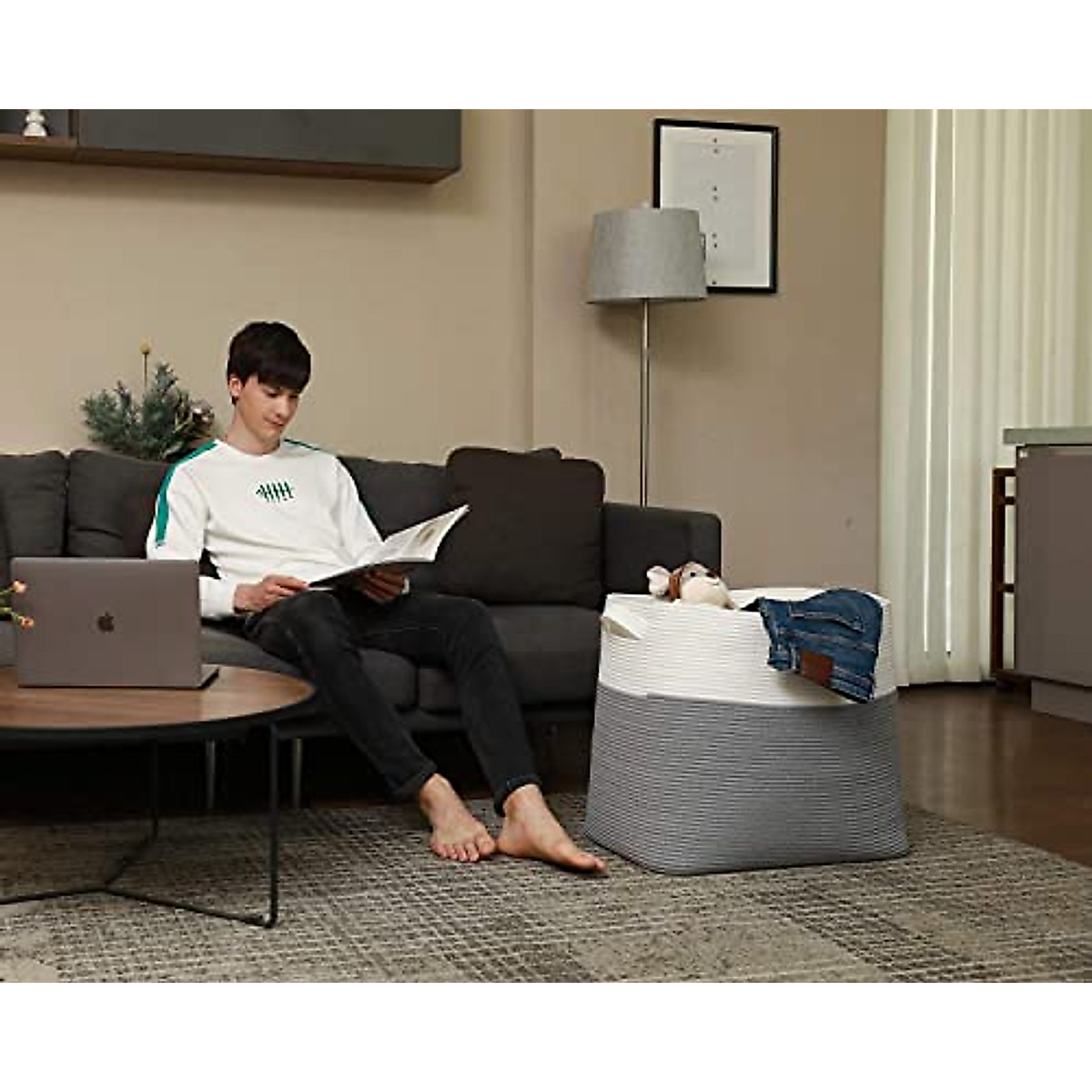 24"x16"x20" Mega Size Rectangular Extra Large Storage Basket, Cotton Rope Storage Baskets, Woven Laundry Hamper, Cloth Storage Bin, for Clothes Blanket in Living Room, Grey Rectangular Basket